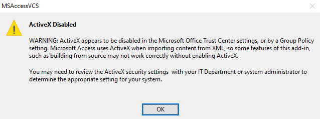 Build fails if ActiveX are disabled · Issue #396 · joyfullservice/msaccess-vcs-addin · GitHub