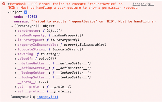 MetaMask - RPC Error: Failed to execute 'requestDevice' on 'HID': Must be handling a user ...