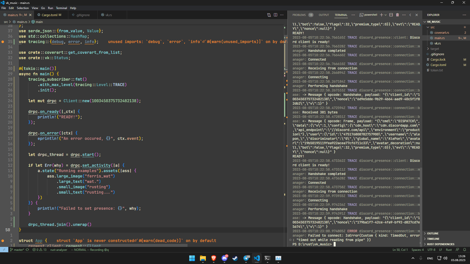 Failed to connect: IoError(Custom { kind: TimedOut, error: "timed out while reading from pipe ...
