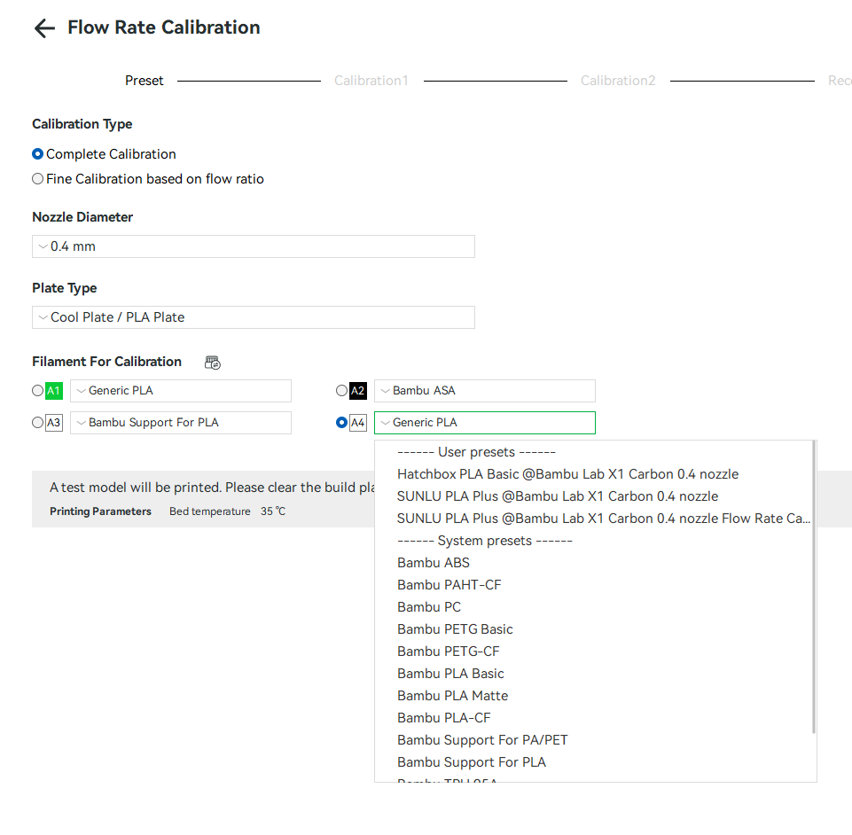 Flow Rate Calibration User Preset does not display in Filament ...