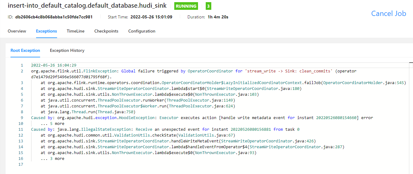 [SUPPORT] Flink stream write hudi, failed to checkpoint · Issue #5690 · apache/hudi · GitHub