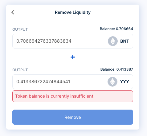 Remove 100% of my Liquidity throws insufficient funds error · Issue #640 · bancorprotocol/webapp ...