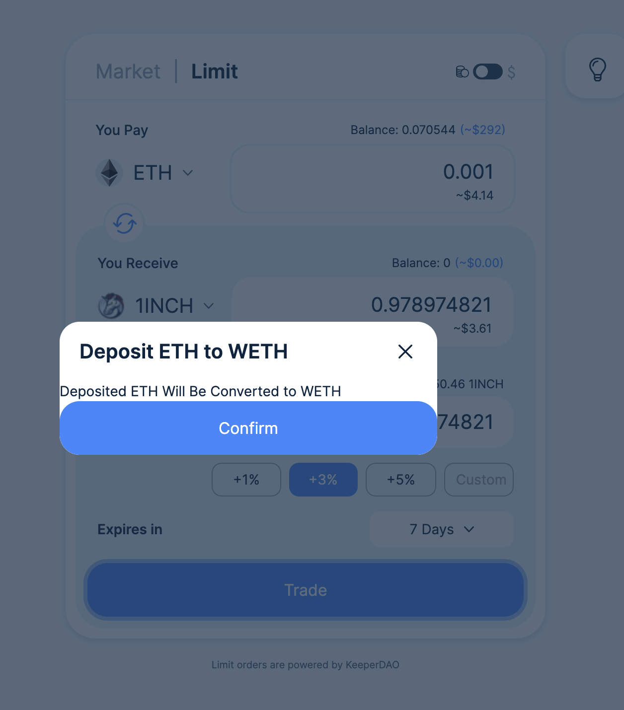 Limit Order - Deposit ETH for WETH Modal · Issue #416 · bancorprotocol/webapp-v2 · GitHub