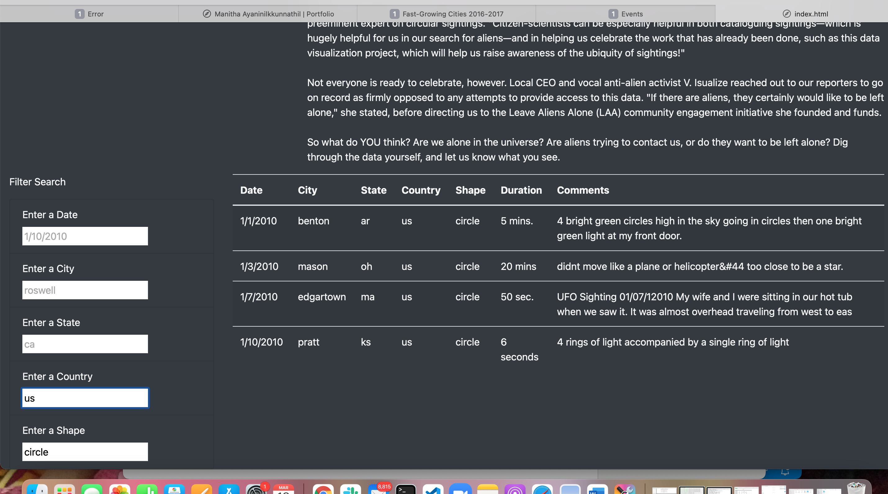 GitHub - manithamanoj/UFOs: Use Javascript,HTML, and CSS to create a custom webpage that ...
