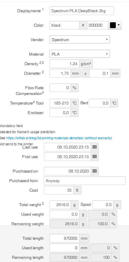 WARNING: Filament prediction not possible! One of the needed fields are not a number in Spool ...