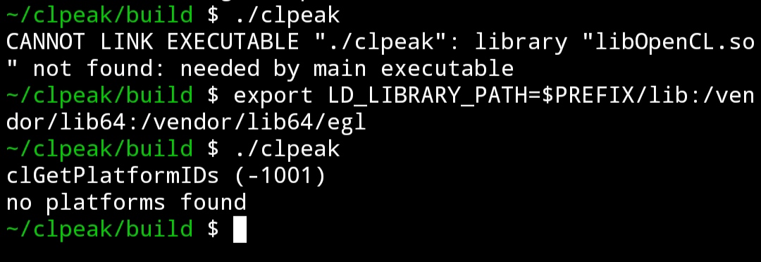 clpeak, clinfo: clGetPlatformIDs (-1001) no platforms found (OpenCL ...
