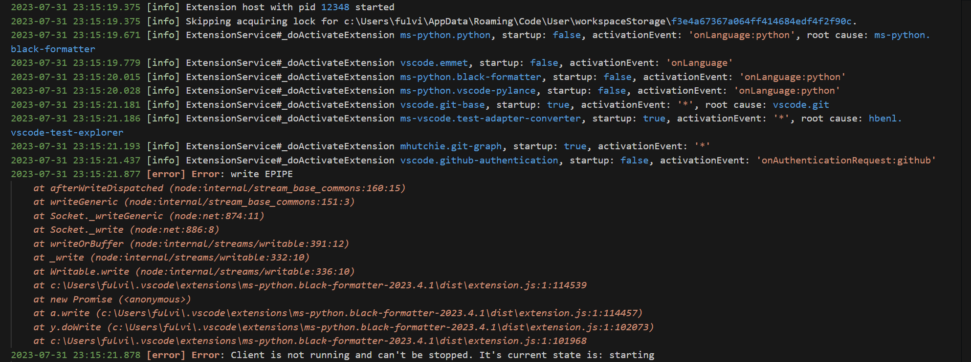 Client Black Formatter: connection to server is erroring. · Issue #280 · microsoft/vscode-black ...