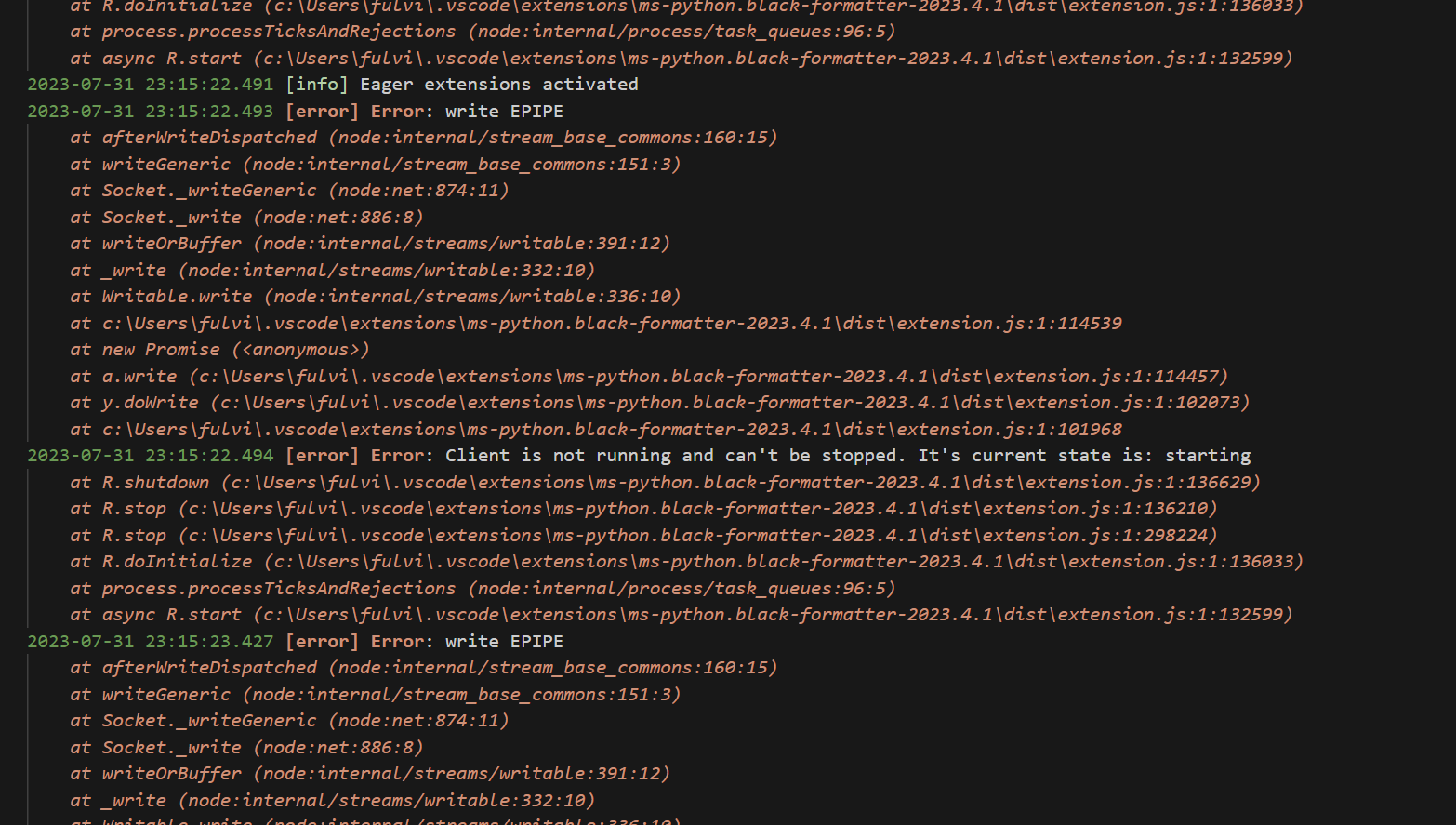 Client Black Formatter: connection to server is erroring. · Issue #280 · microsoft/vscode-black ...