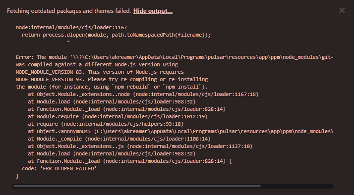 Fetching outdated packages and themes failed · Issue #433 · pulsar-edit/pulsar · GitHub
