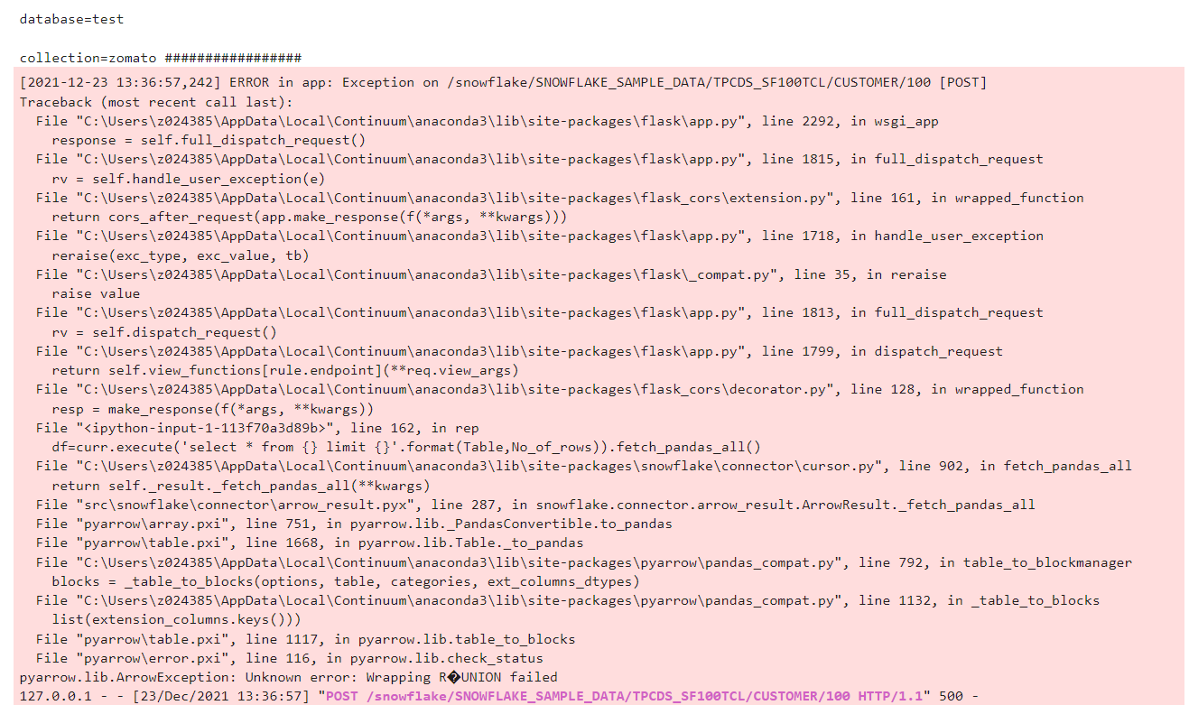Pyarrow Unknown error · Issue #1004 · snowflakedb/snowflake-connector-python · GitHub