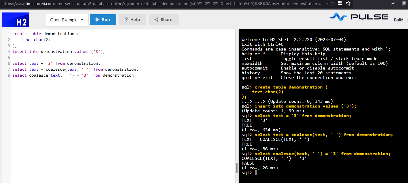 The '=' operator is not always transitive · Issue #3838 · h2database/h2database · GitHub
