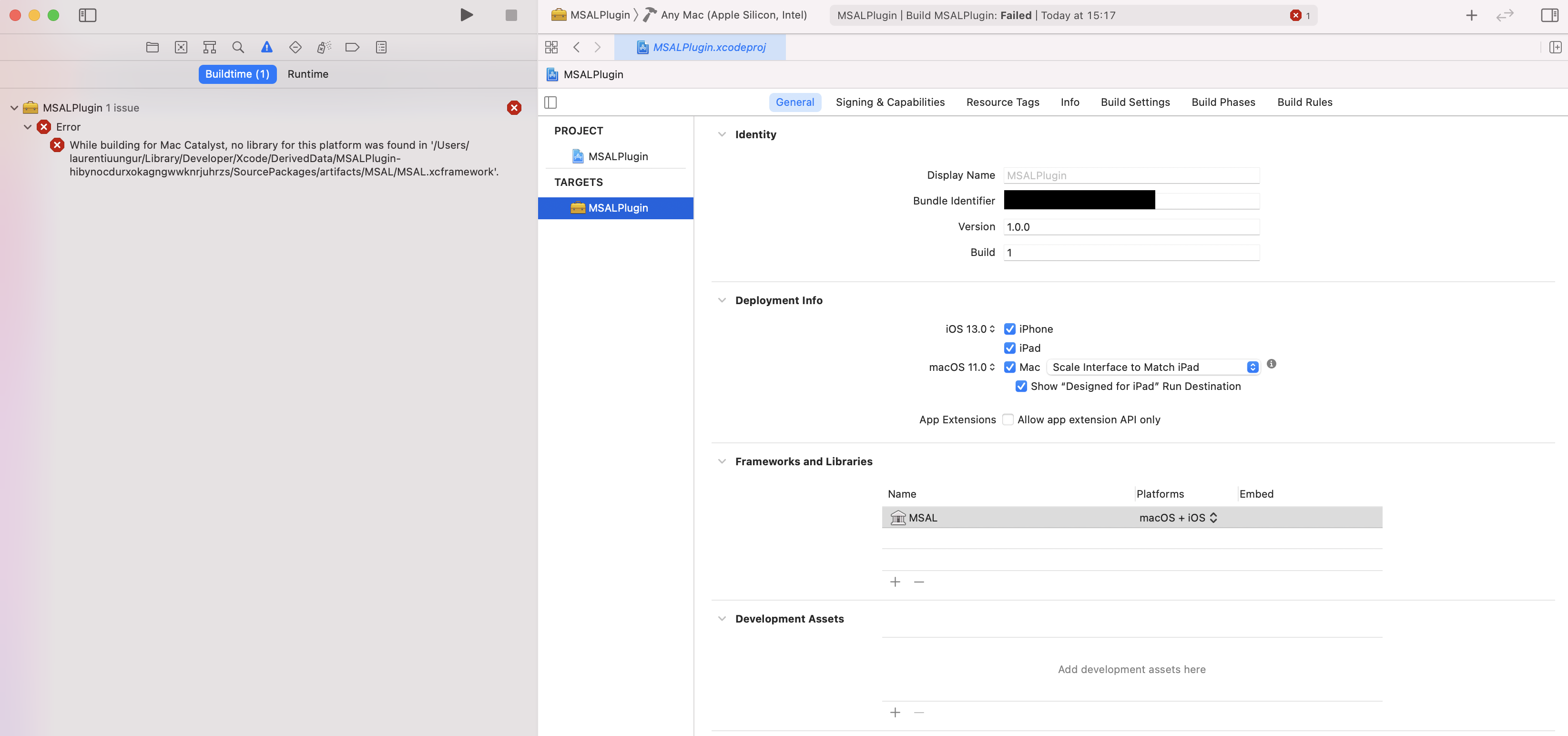 MSAL 1.1.16 Error: While building for Mac Catalyst, no library for this platform was found in ...