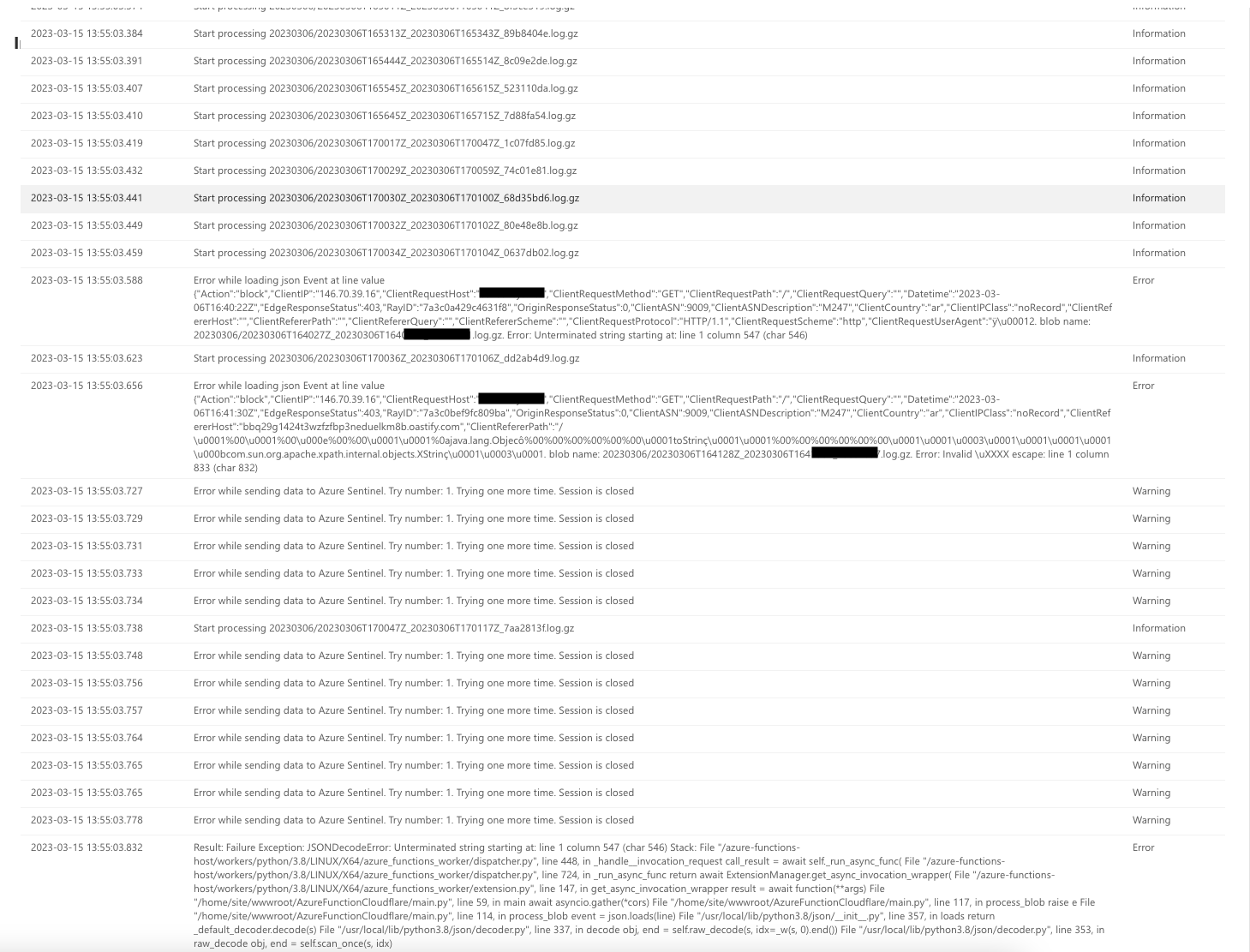 JSONDecodeError when parsing Cloudflare logs · Issue #7576 · Azure/Azure-Sentinel · GitHub