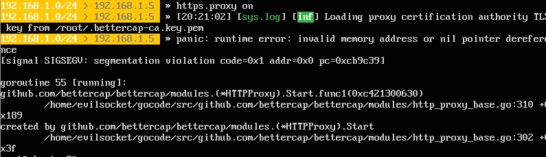 Bettercap break very badly if http/s.proxy module tries to run a malformed Javascript script ...