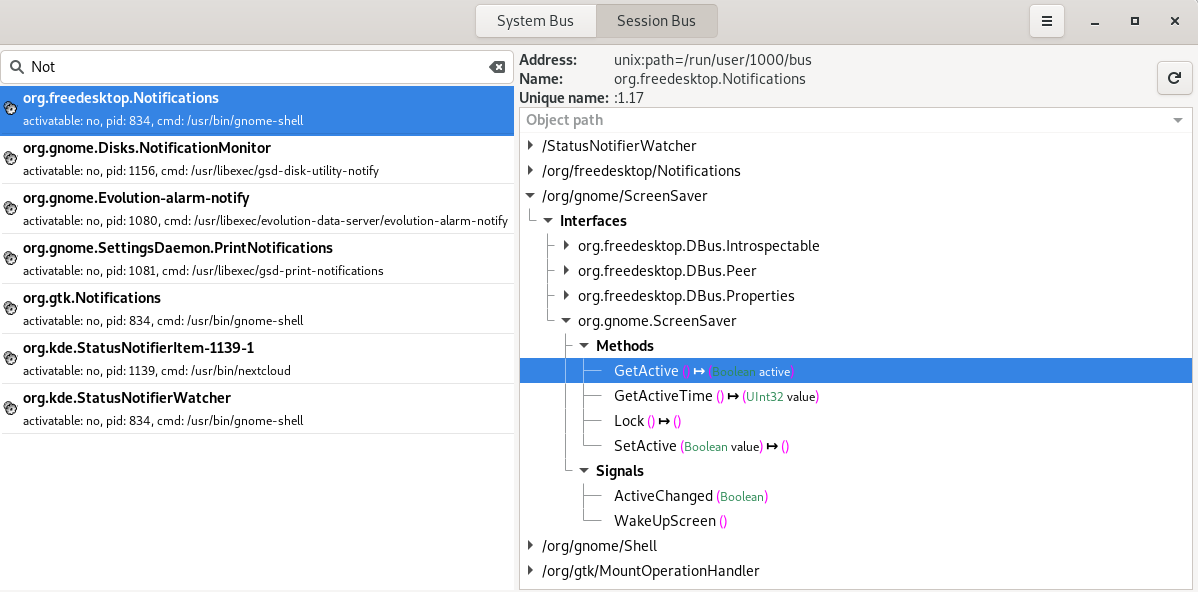 DBus method GetActive() from org.freedesktop.Notifications -> /org/gnome/ScreenSaver -> org ...