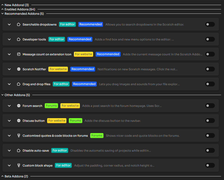 Addon Groups (minimizable) · Issue #2281 · ScratchAddons/ScratchAddons · GitHub