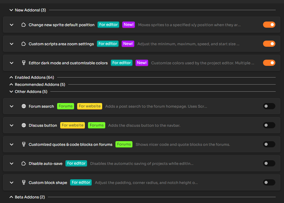 Addon Groups (minimizable) · Issue #2281 · ScratchAddons/ScratchAddons · GitHub