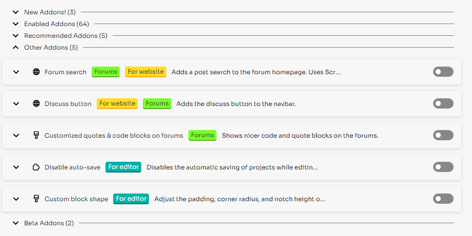 Addon Groups (minimizable) · Issue #2281 · ScratchAddons/ScratchAddons · GitHub