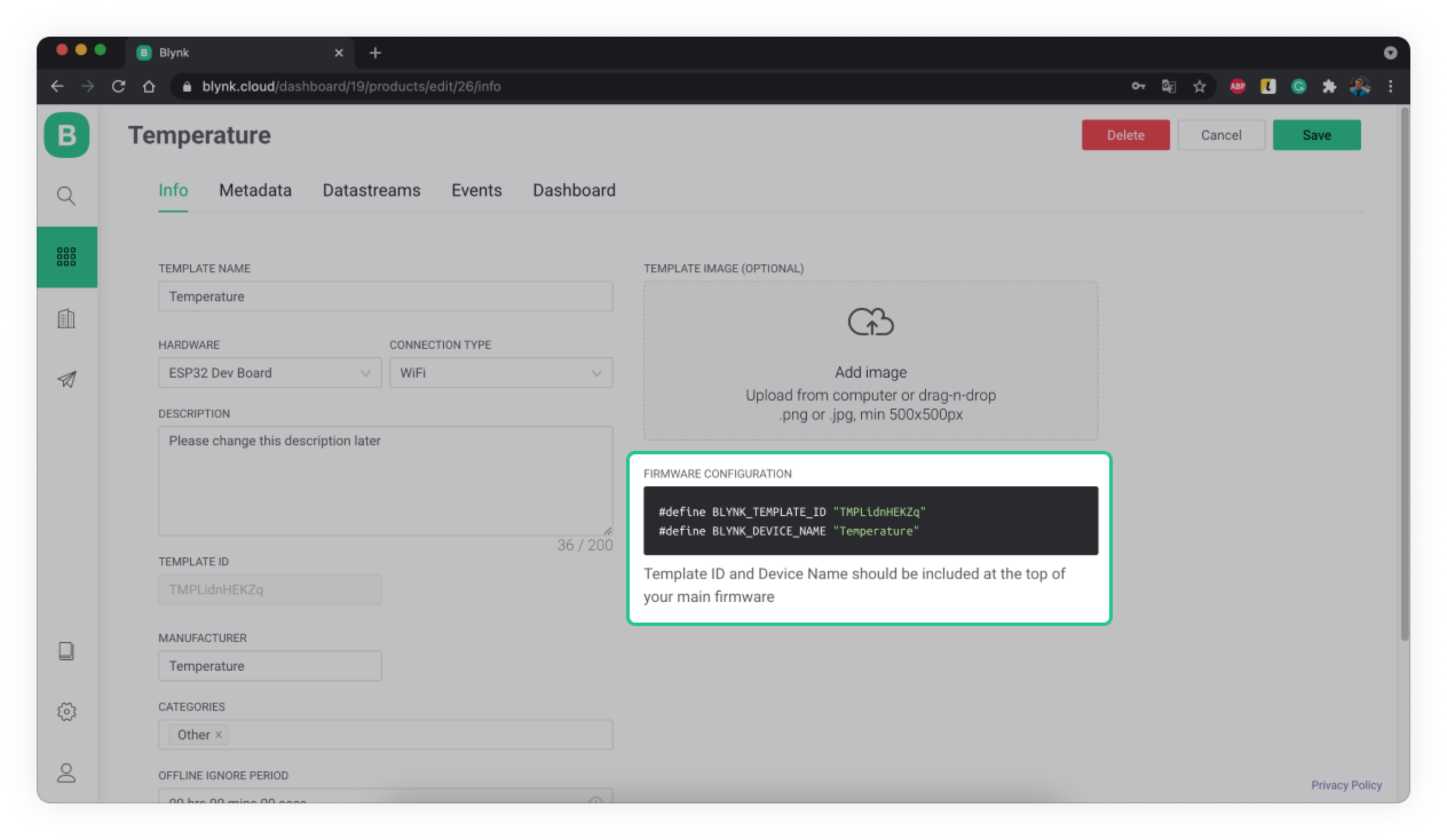 Template Quick Setup Blynk Documentation