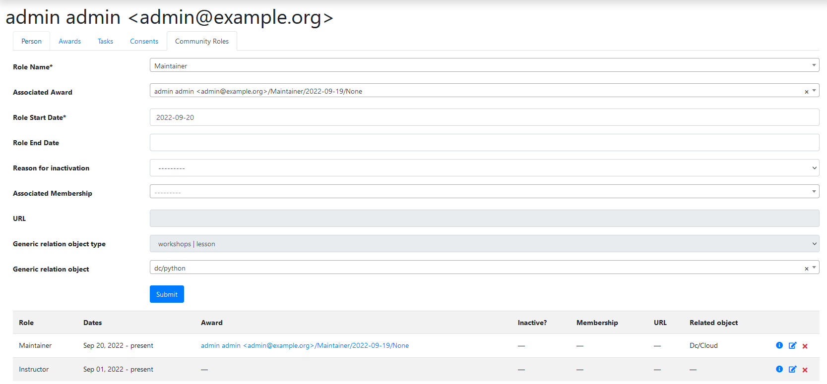 Do not allow concurrent same community roles · Issue #2225 · carpentries/amy · GitHub