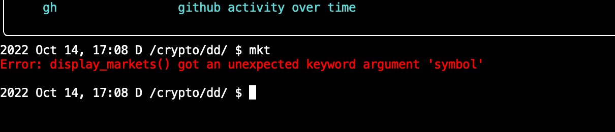[Bug] `crypto/dd/btc` Error: display_markets() got an unexpected keyword argument 'symbol ...