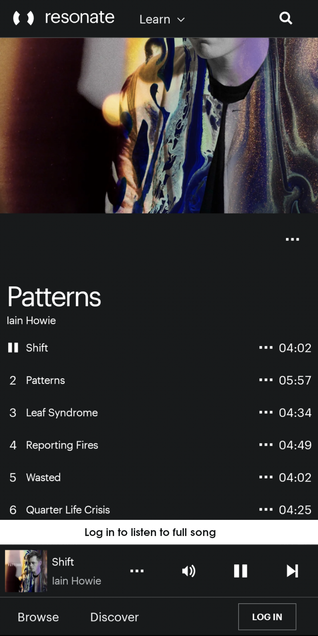 For non-authed visitors, prompt: "Log in to listen to full song ...