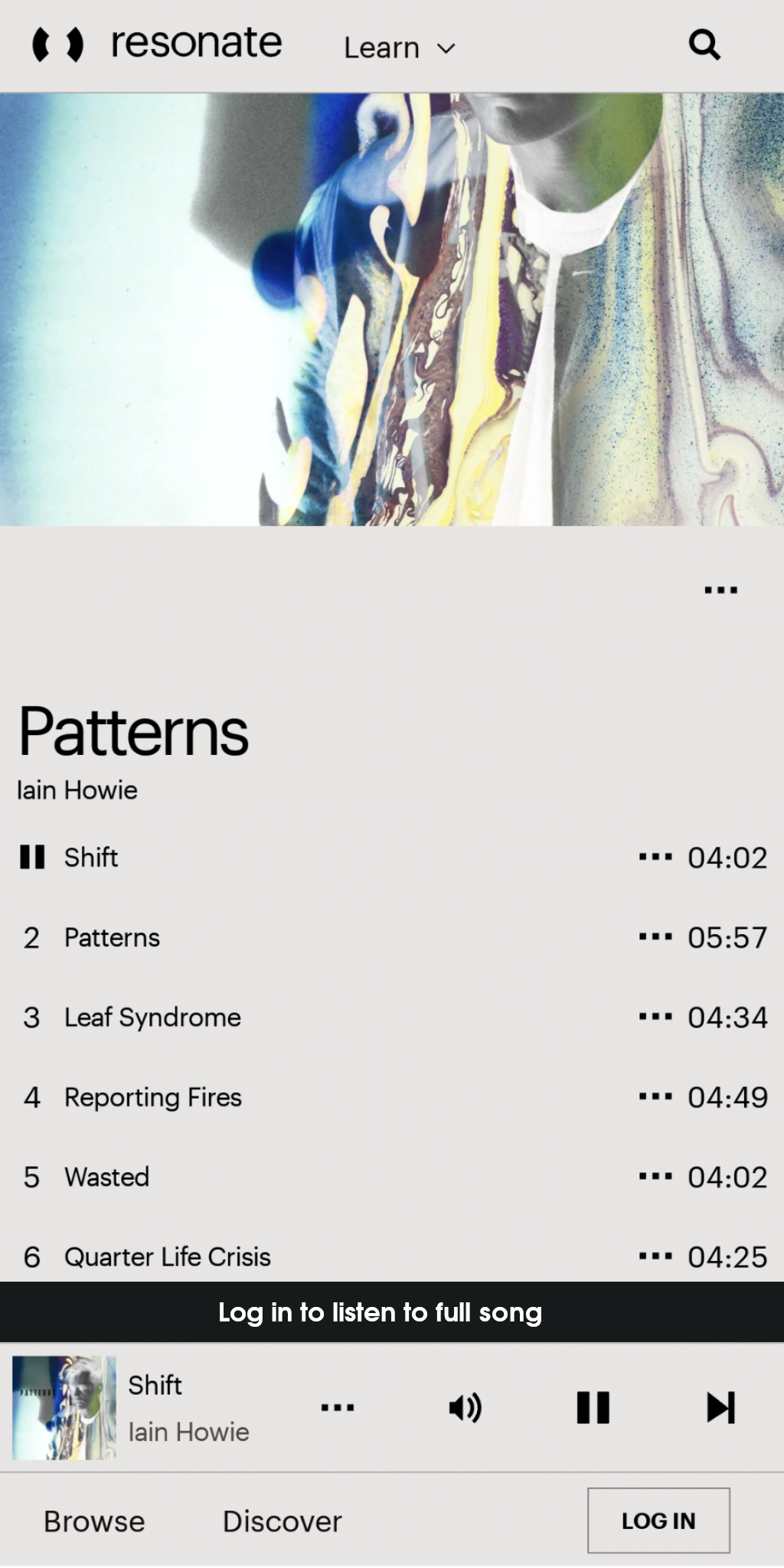 For non-authed visitors, prompt: "Log in to listen to full song ...