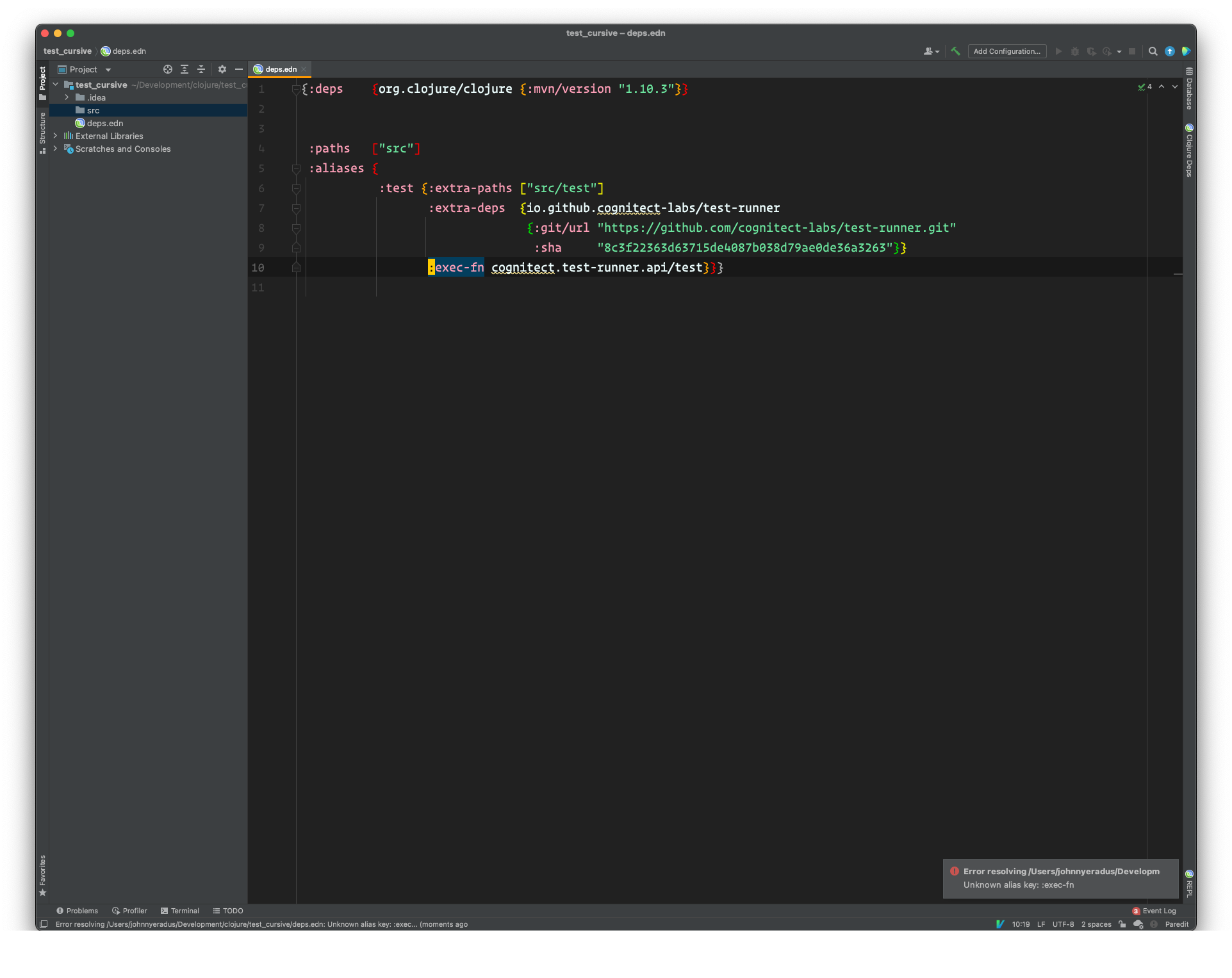 Unknown alias key: :exec-fn in deps.edn · Issue #2583 · cursive-ide/cursive · GitHub