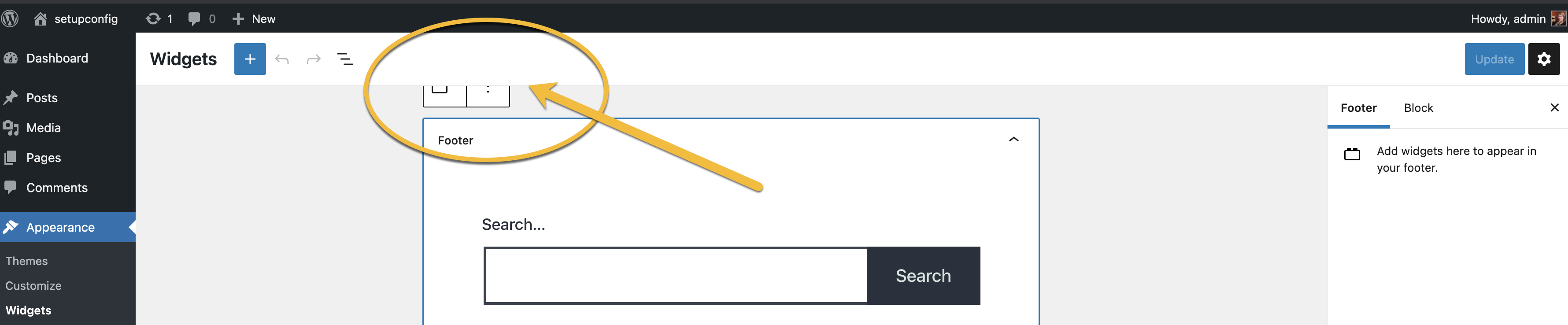 Widgets editor: first widget area popover toolbar renders under Widget ...