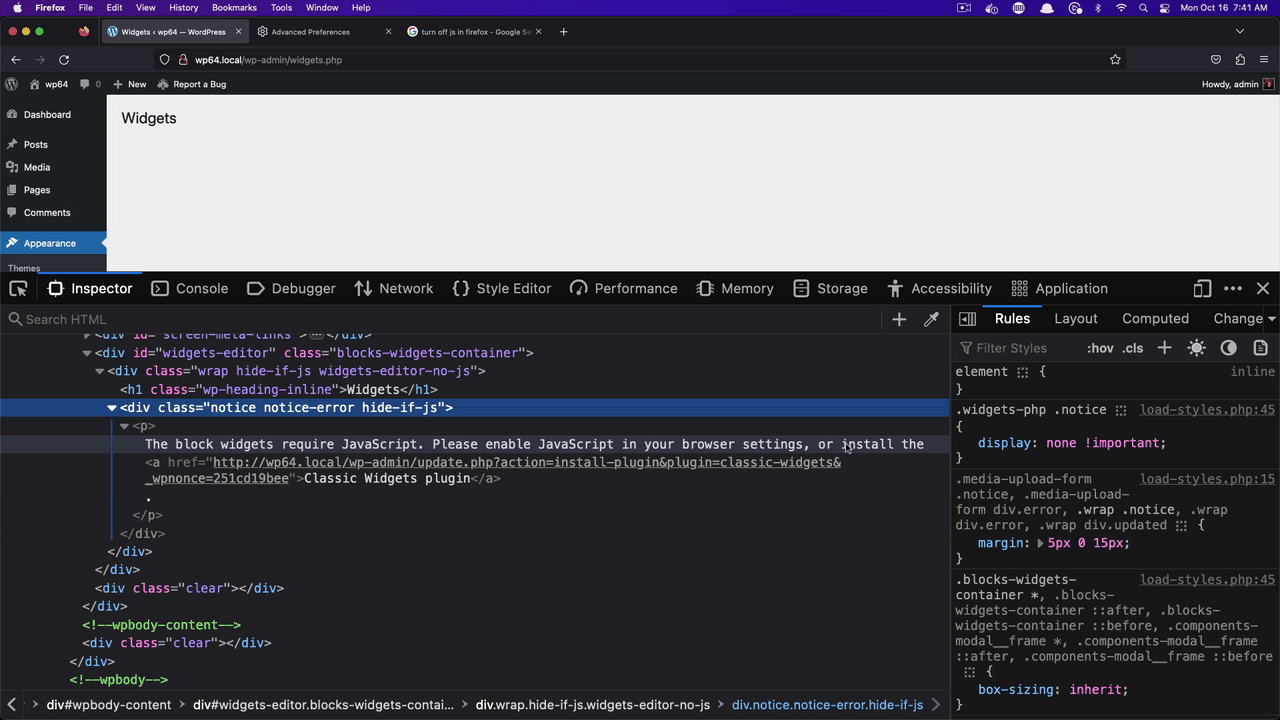 Edit Widgets Css Is Preventing Admin Notice When Js Is Off · Issue