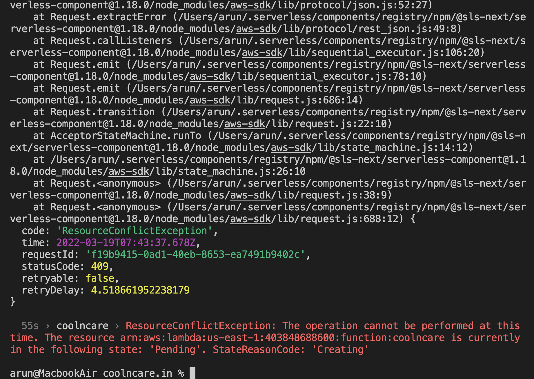 ResourceConflictException | function is currently in the following state: 'Pending ...