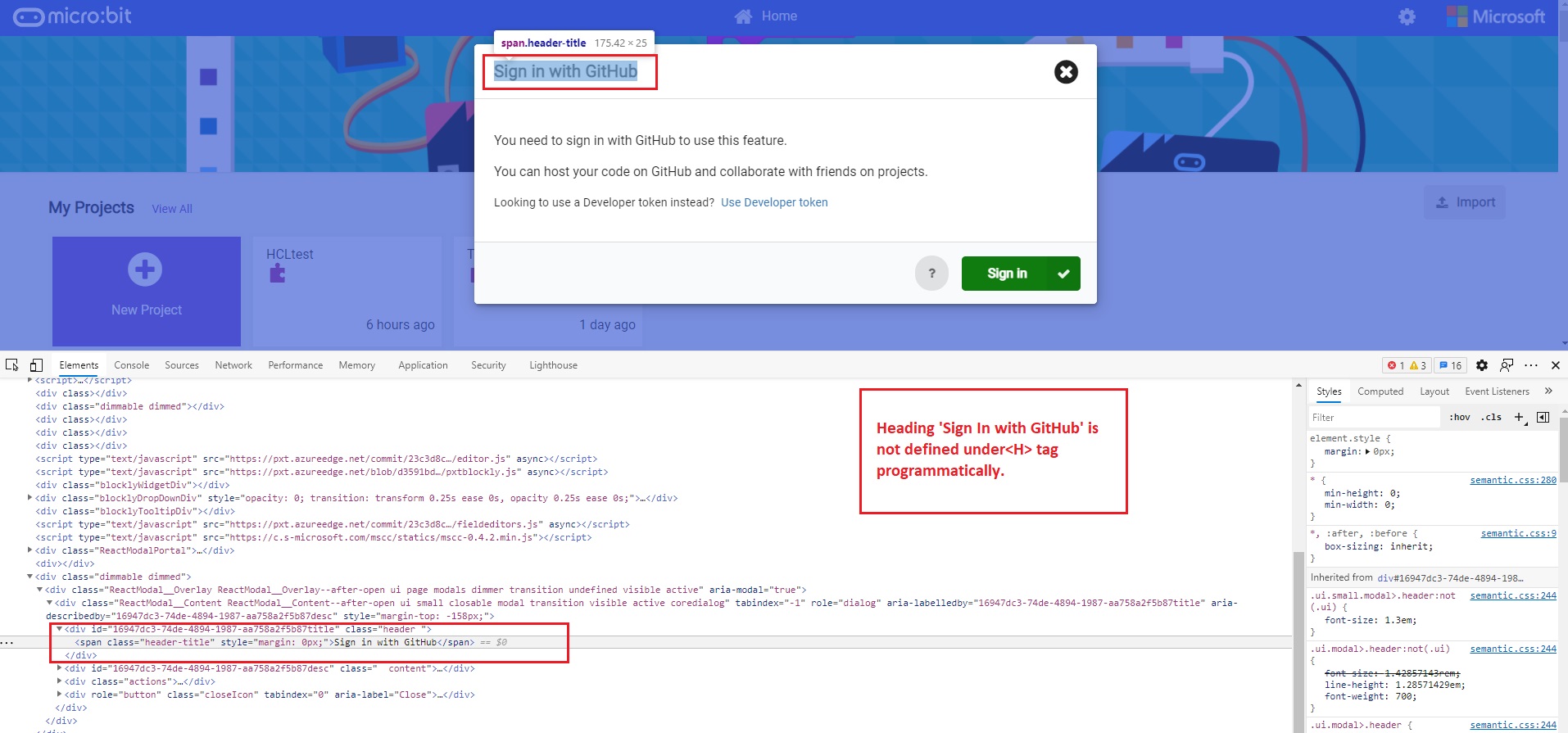 [Screen Reader – Make Code - Create a project] Heading 'Create a project' is not defined under ...