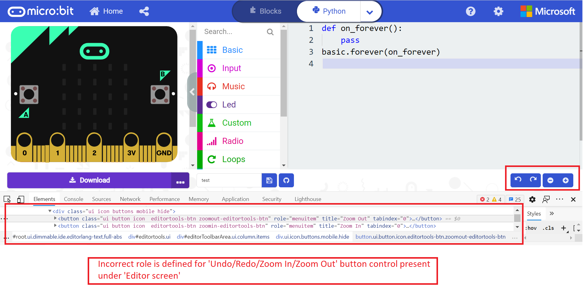 [Programmatic Access – Make Code - Zoom In/ Zoom Out] Incorrect role is defined for 'Undo/Redo ...