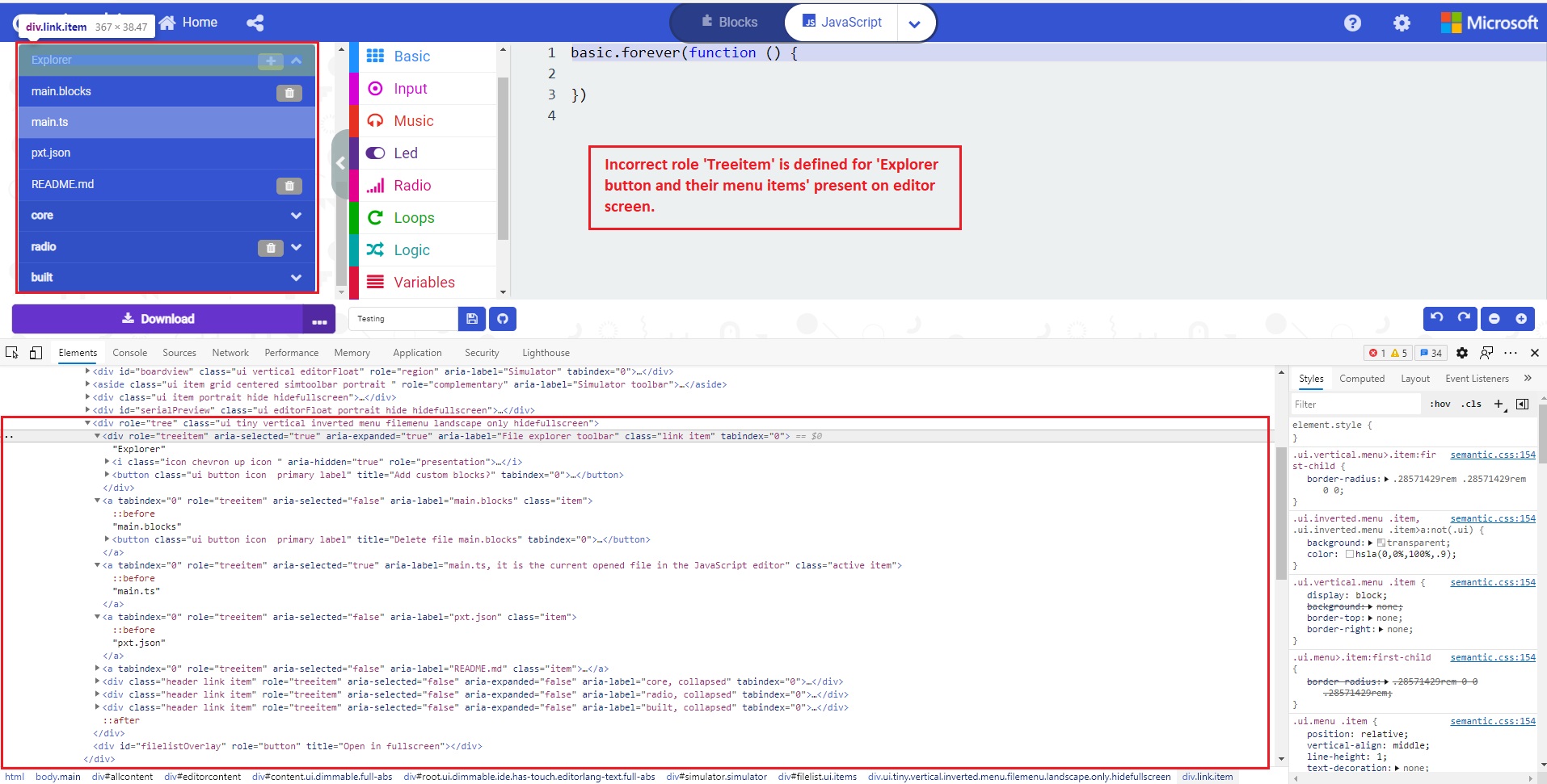 [Programmatic Access – Make Code - Explorer] Incorrect role is defined as 'Tree item' for ...
