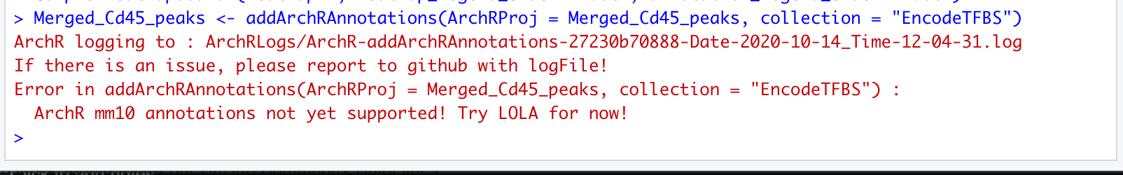 Unable to incorporate "ENCODETFBS" using addArchRAnnotations(ArchRProj = proj, collection ...