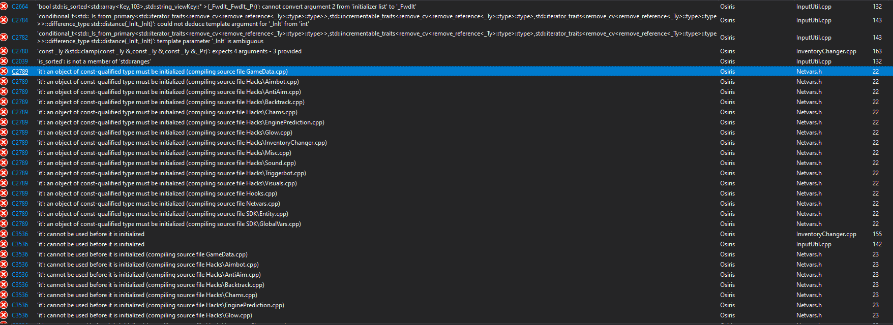 A lot of errors when compiling. · Issue #2936 · danielkrupinski/Osiris · GitHub