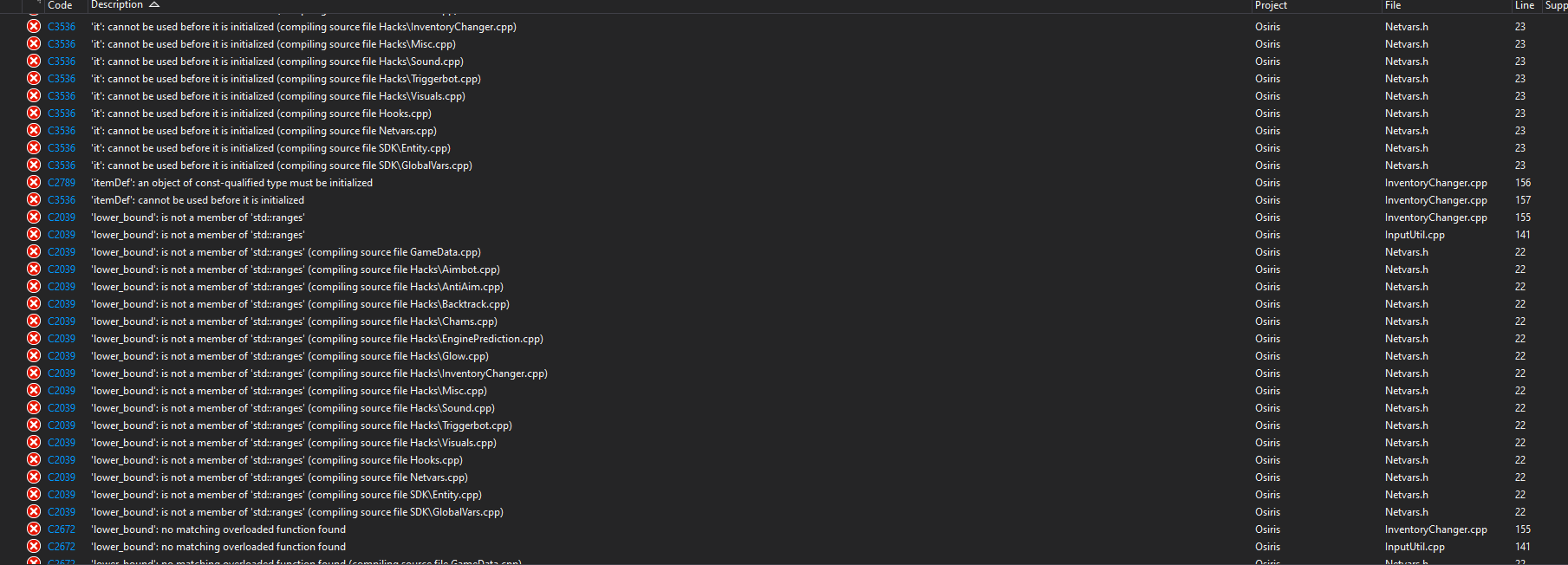 A lot of errors when compiling. · Issue #2936 · danielkrupinski/Osiris · GitHub