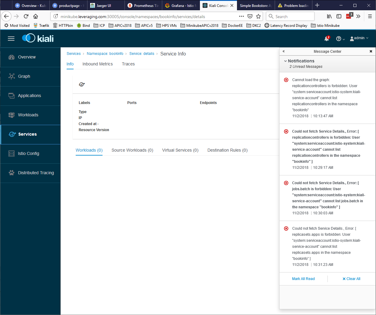 Cannot load the graph: is forbidden: User "system:serviceaccount:istio-system:kiali-service ...