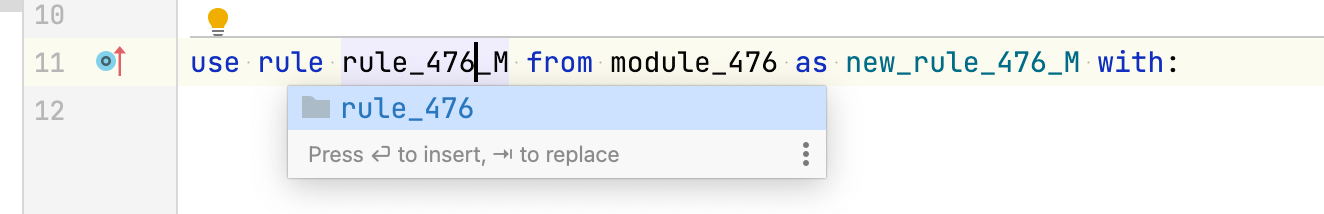 Rule name completion is missing in left part of 'rule use' although ...