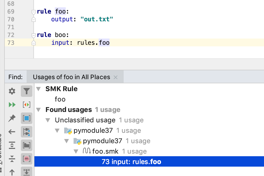 Find usages doesn't work for rules/checkpoints · Issue #100 · JetBrains-Research/snakecharm · GitHub