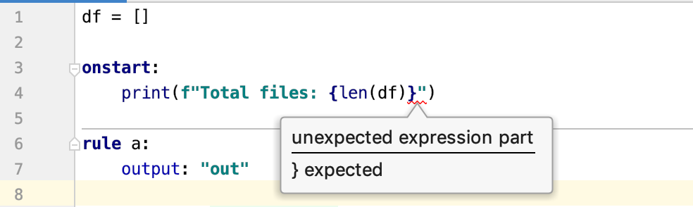 F-strings parsing errors in onstart section · Issue #200 · JetBrains-Research/snakecharm · GitHub