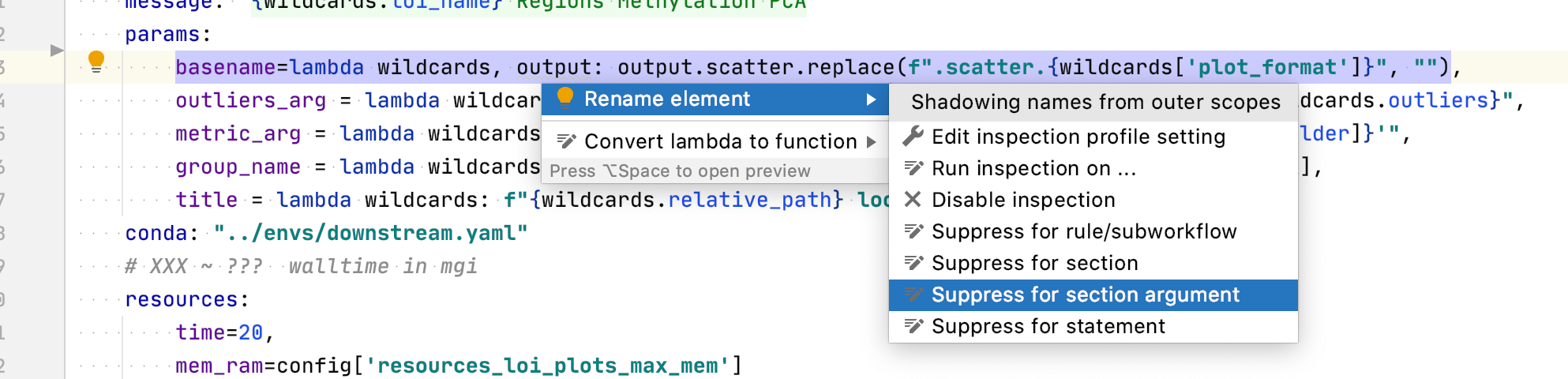 Suppress inspection doesn't work in some cases · Issue #313 · JetBrains-Research/snakecharm · GitHub