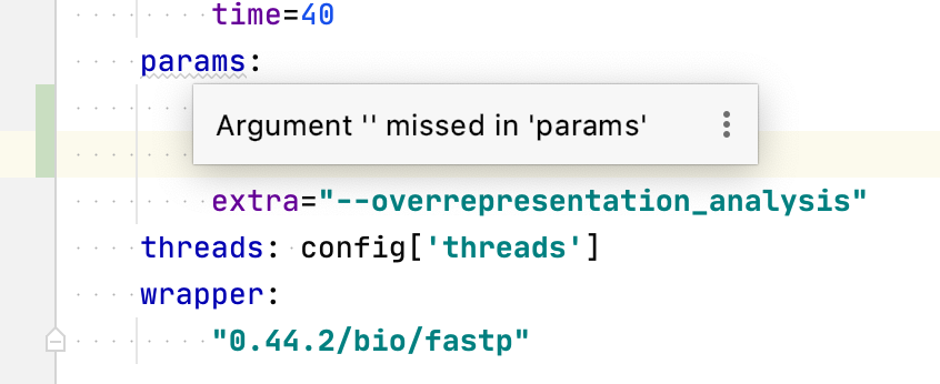 Confusing warning: Argument '' missed in params · Issue #326 · JetBrains-Research/snakecharm ...