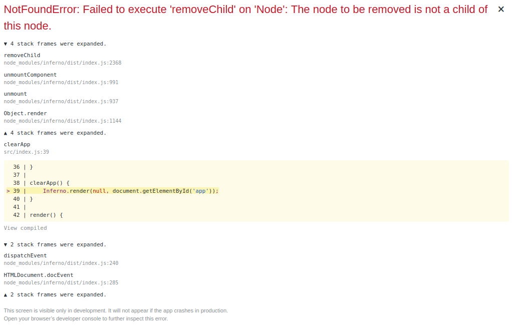 Failed to execute 'removeChild' on 'Node': The node to be removed is not a child of this node ...