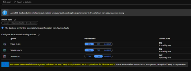 Inside the Automatic tuning tab, getting a message “Automated recommendation management is ...