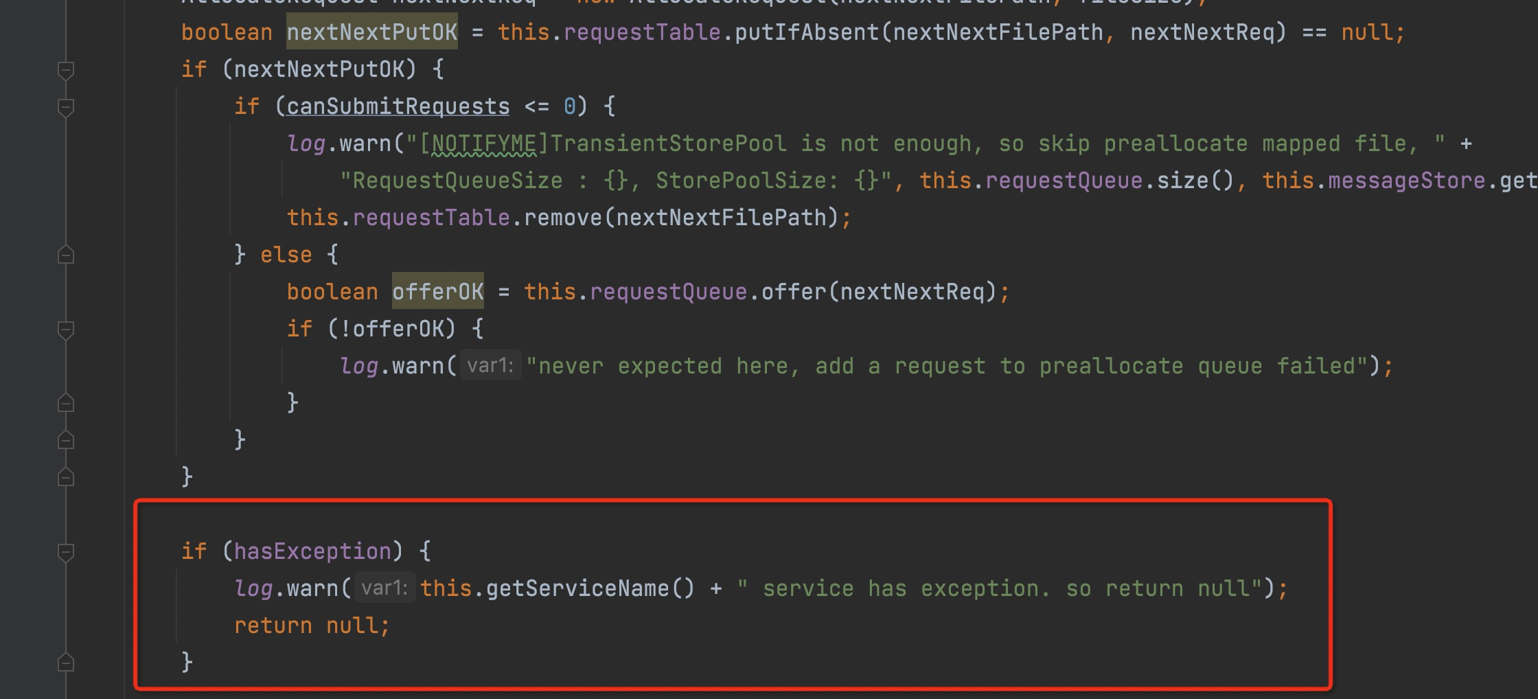 Is there some problem in the method(org.apache.rocketmq.store.AllocateMappedFileService# ...