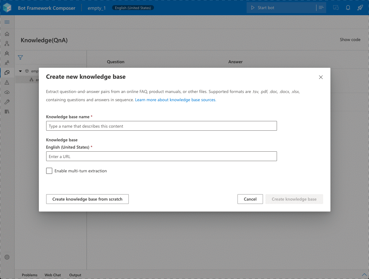 Create QnA Maker bot Template configuration screen disappears when you leave composer and come ...