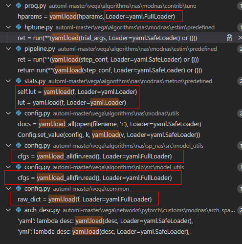 vega中yaml.load 未使用Loader=yaml.SafeLoader，存在安全风险 · Issue #153 · huawei-noah/vega · GitHub