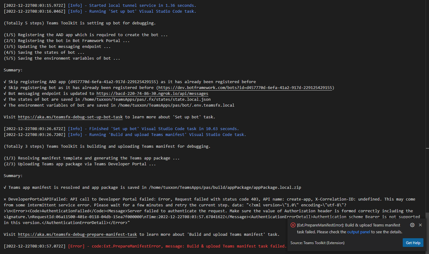 bug report: [Error] - code:Ext.PrepareManifestError, message: Build & upload Teams manifest task ...