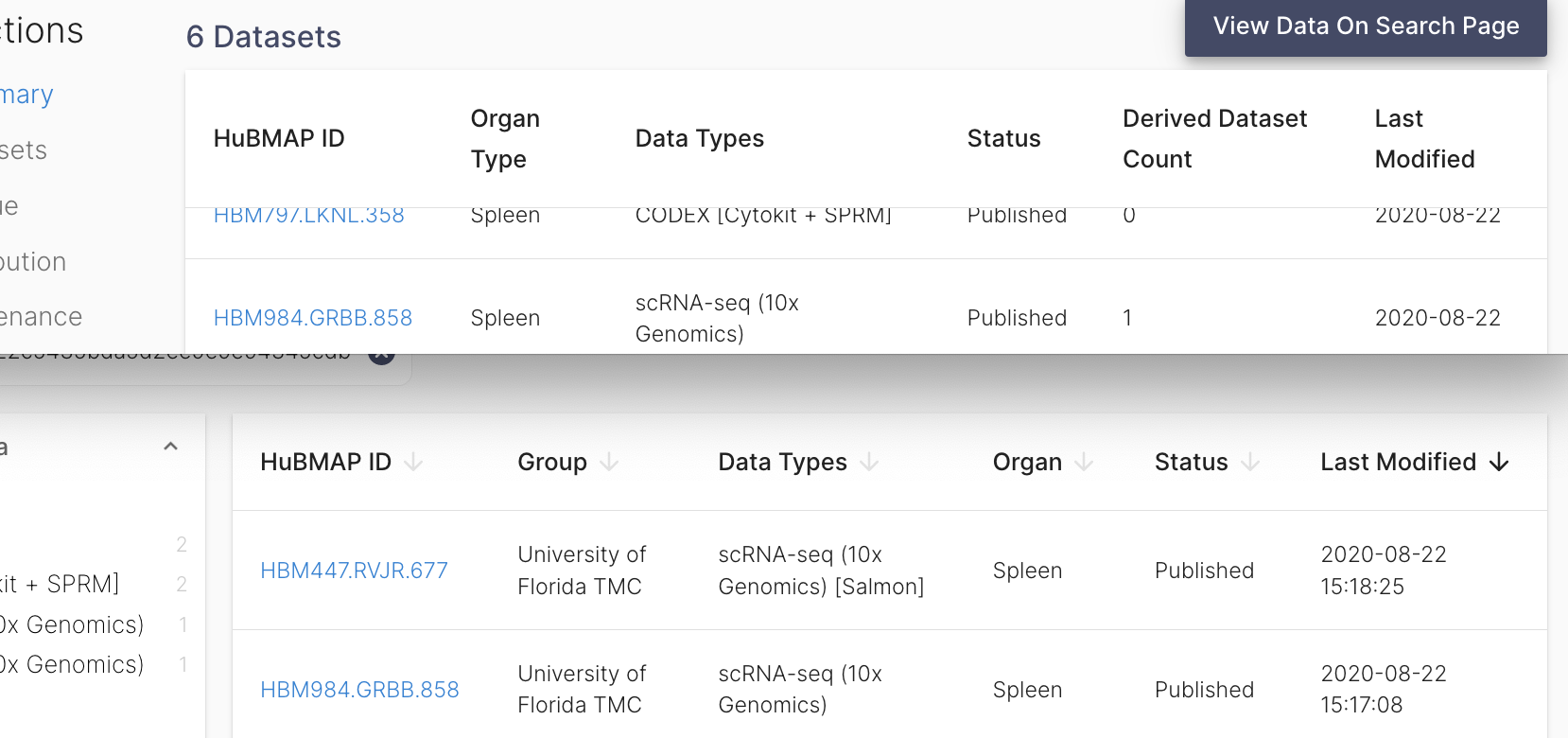 Should Sample-Datasets table columns match search? · Issue #1656 · hubmapconsortium/portal-ui ...